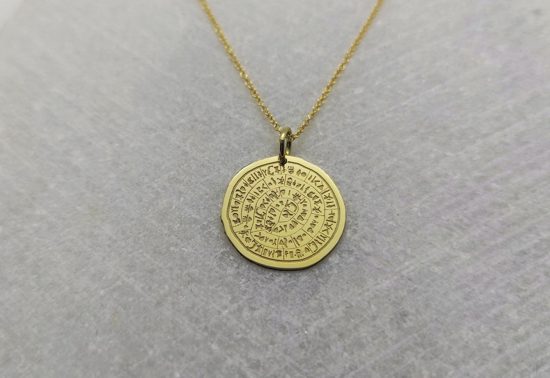 Greek Gold Necklace, 14K Solid Gold Pendant, Phaistos Charm, Engraved ...