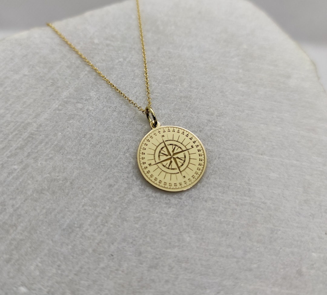 14K Solid Gold Compass Necklace, Engraved Compass Jewelry, Gold Disc ...