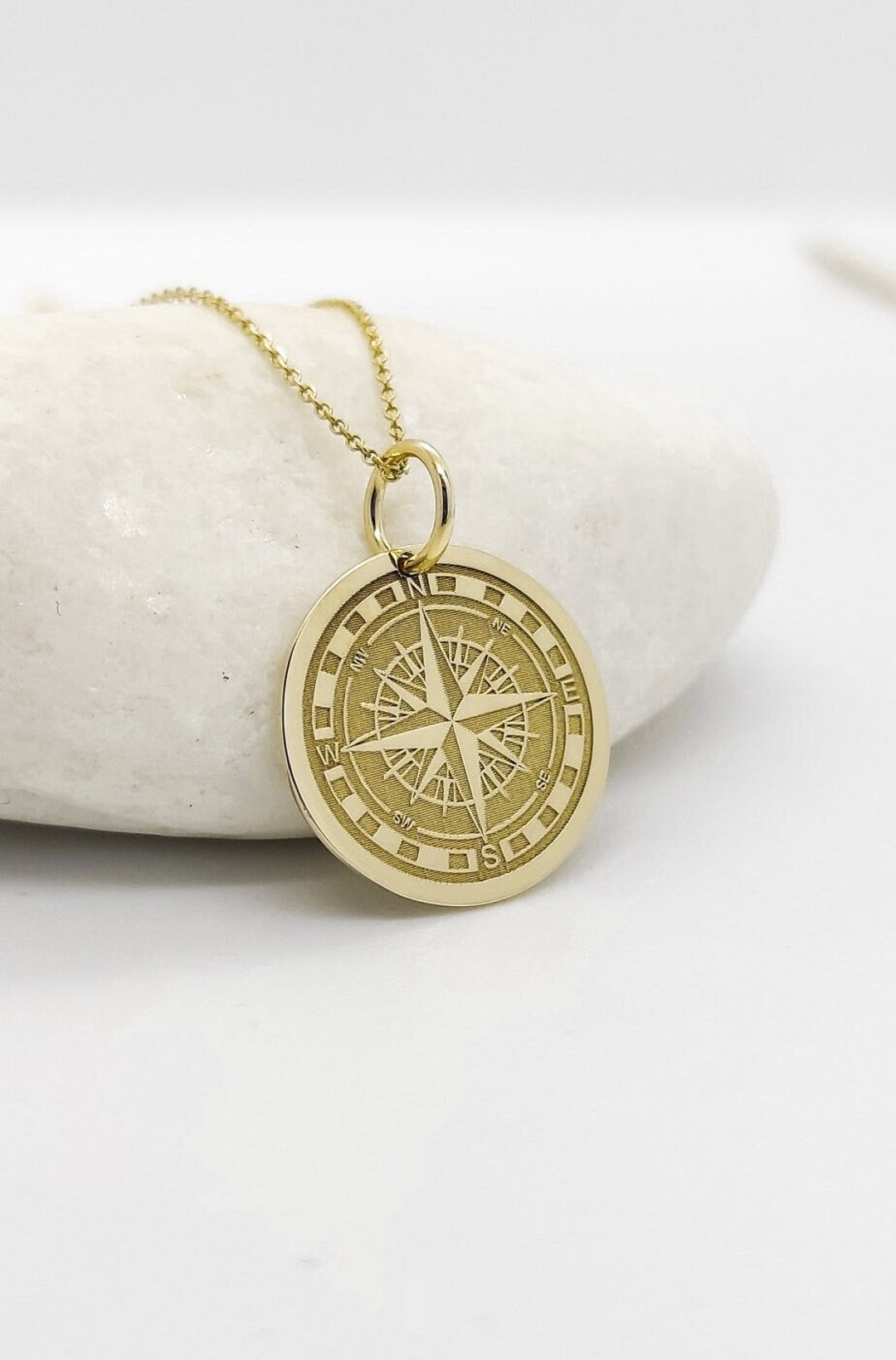 14K Real Gold Compass Disc Pendant, 14K Solid Gold Compass Necklace ...