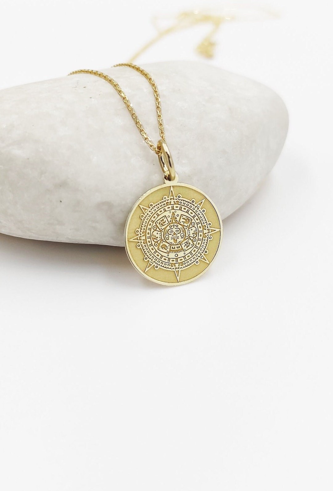14K Gold Aztec Calendar Necklace, Gold Aztec Holographic Pendant, Mayan ...