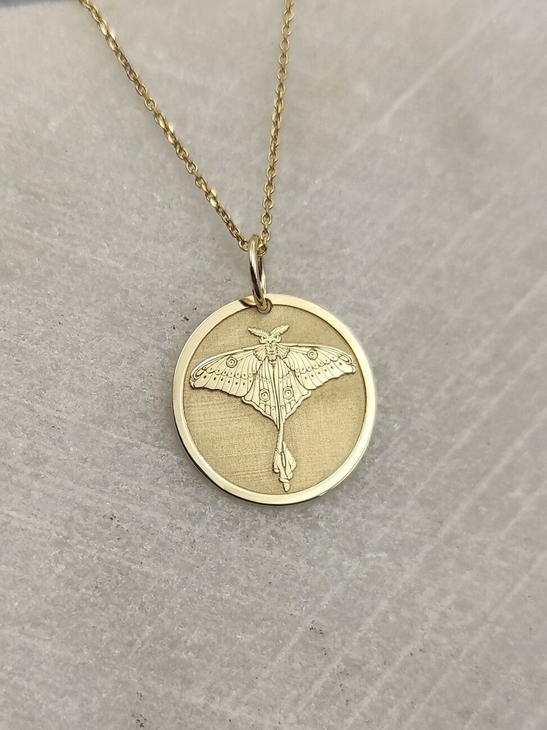9K Real Solid Gold Moth Necklace, Dainty Luna Moth Coin Pendant ...