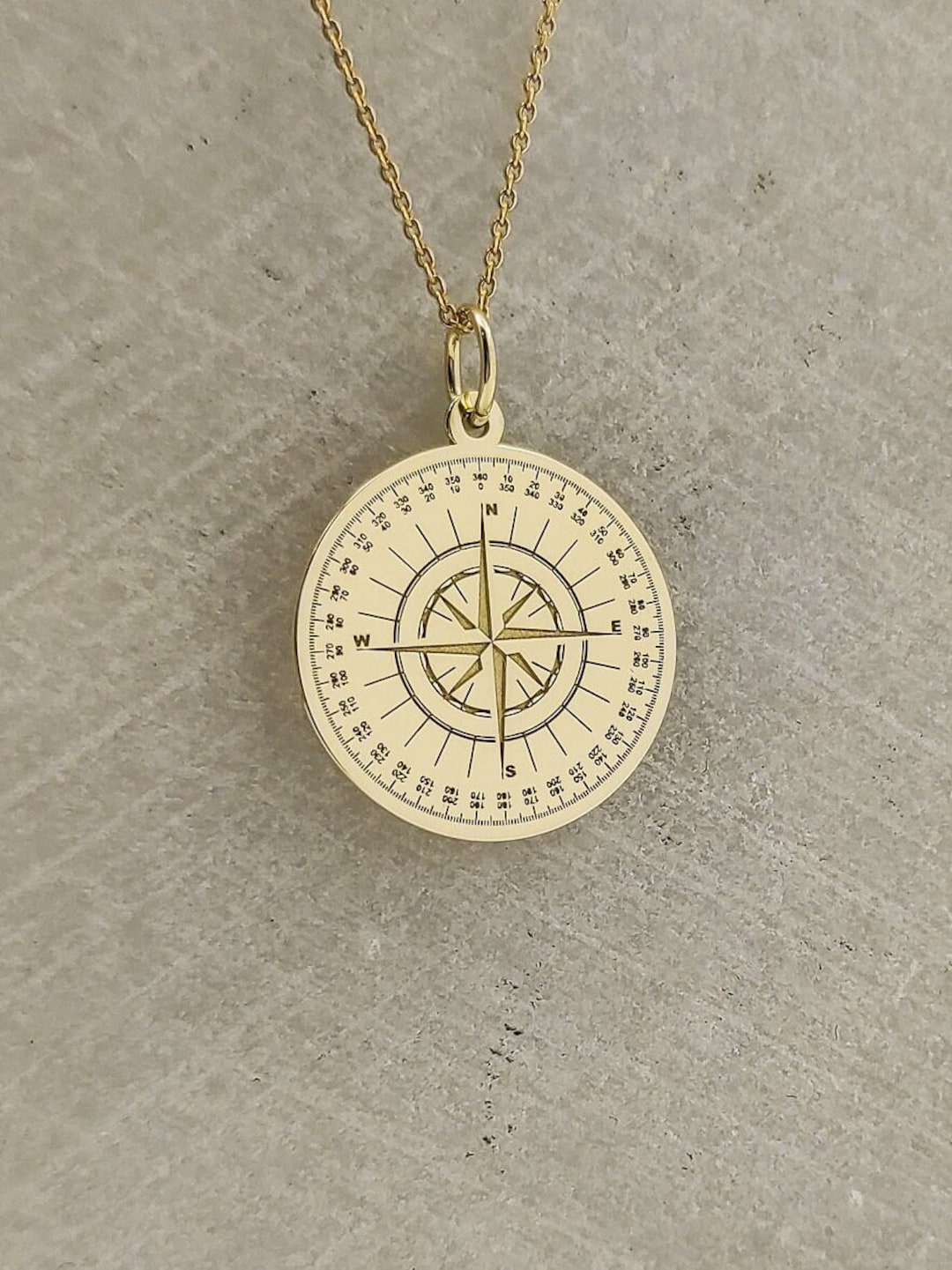 14K Solid Gold Compass Necklace, Engraved Compass Jewelry, Gold Disc ...