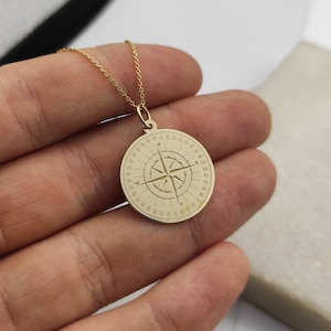 14K Solid Gold Compass Necklace, Engraved Compass Jewelry, Gold Disc ...