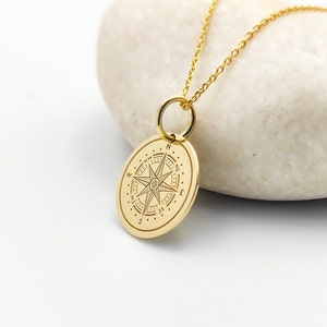 14K Solid Gold Compass Necklace, Gold Coin Compass Pendant ...