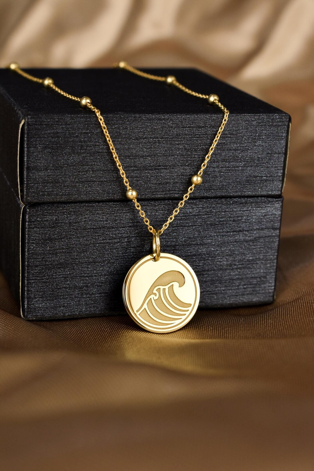 14K Real Solid Wave Coin Necklace, Sea Lover Pendant, Ocean Waves ...