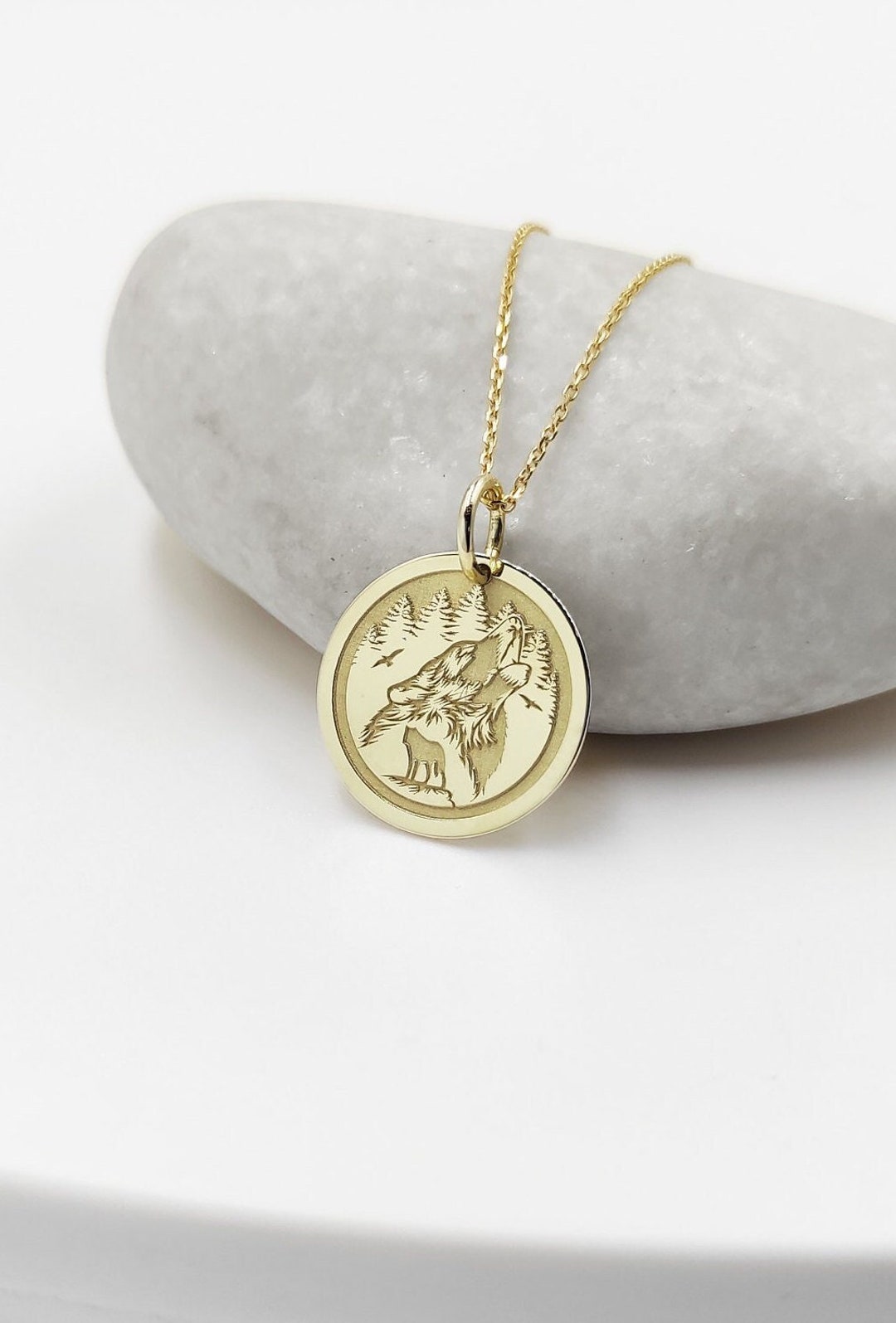 14K Real Solid Gold Howling Wolf Necklace, Gold Wolf Coin Pendant ...