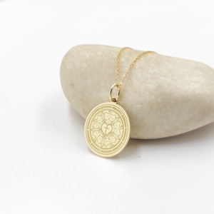 14K Solid Gold Luther Rose Necklace, Dainty Religious Rose Coin Pendant ...