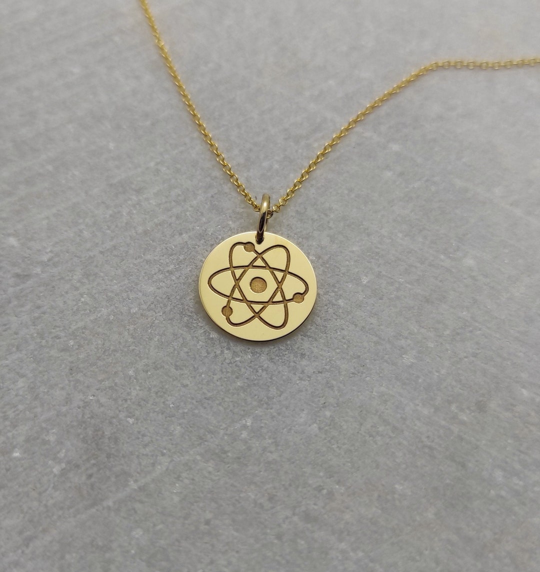 14K Solid Gold Atom Necklace, Engraved Science Pendant - Etsy