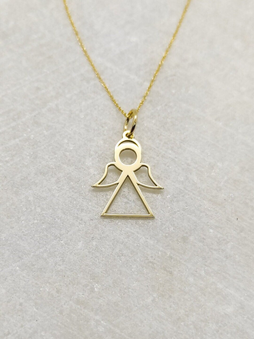 14K Solid Gold Angel Necklace, Dainty Angel Disc Pendant, Holy Angel ...