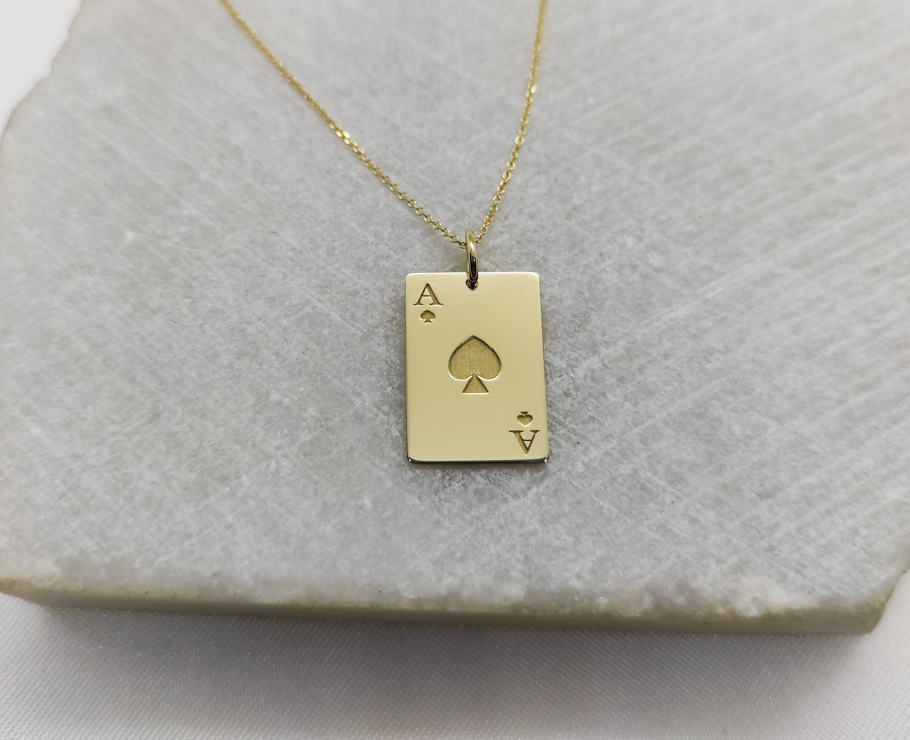 14K Solid Gold Ace of Spades Pendant - Engraved Poker Necklace - Etsy