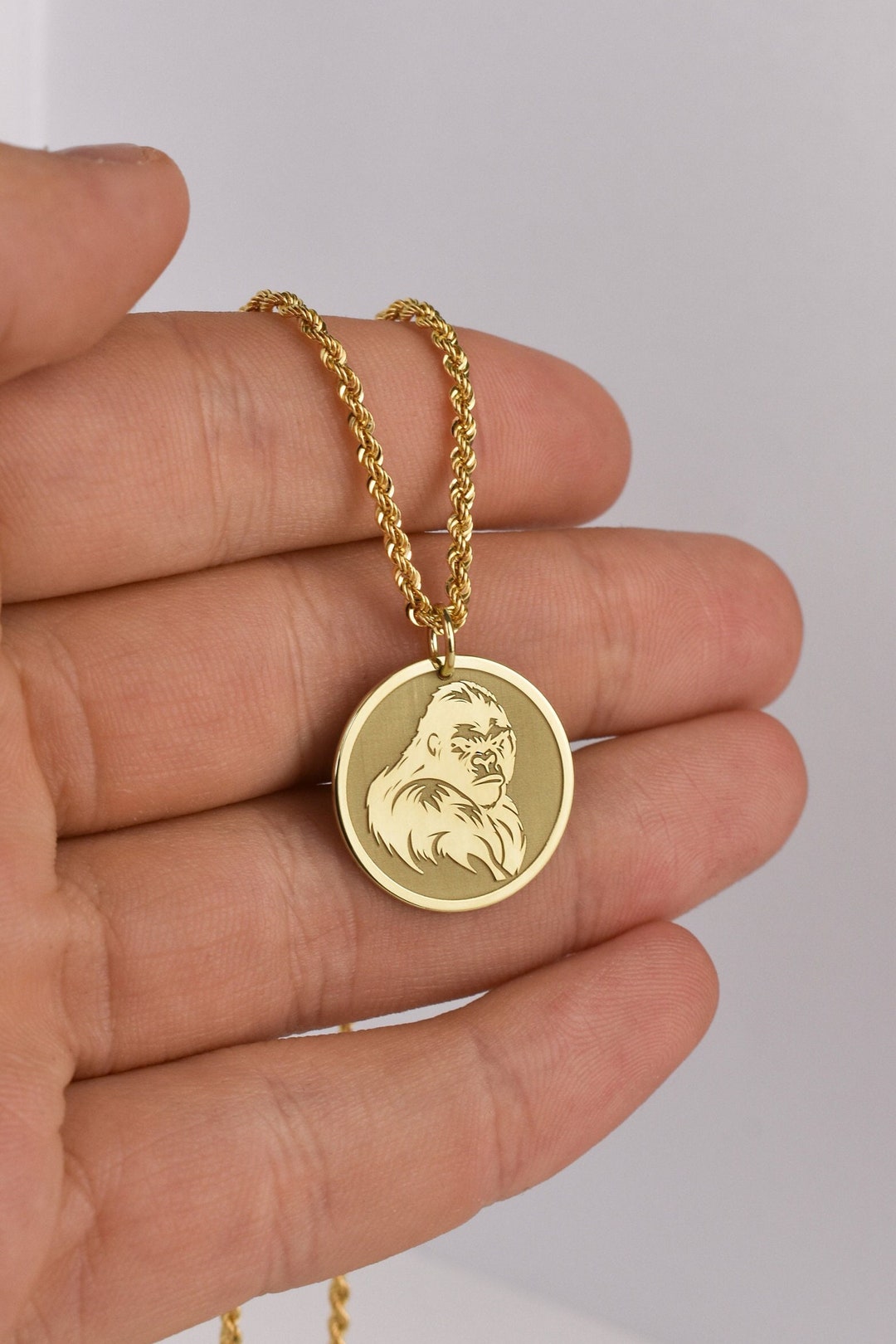 14K Solid Gold Gorilla Necklace, Harambe Gorilla Pendant, King Kong ...