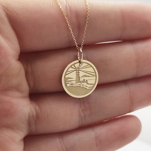 9K Solid Gold Lighthouse Pendant, Gold Disc Lighthouse Slide Necklace ...