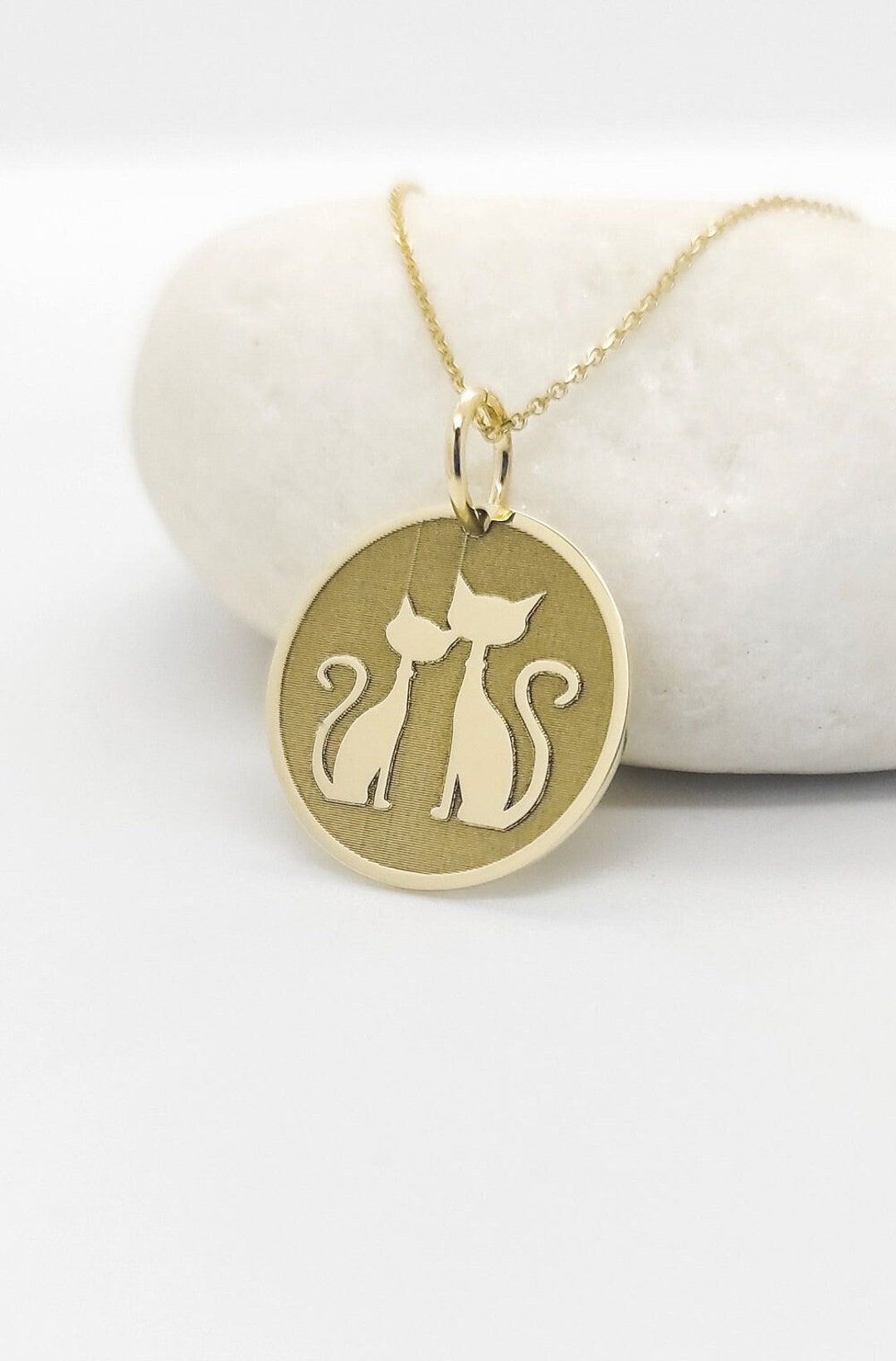 14K Real Gold Cat Disc Pendant, 14K Solid Gold Cat Necklace, Dainty ...