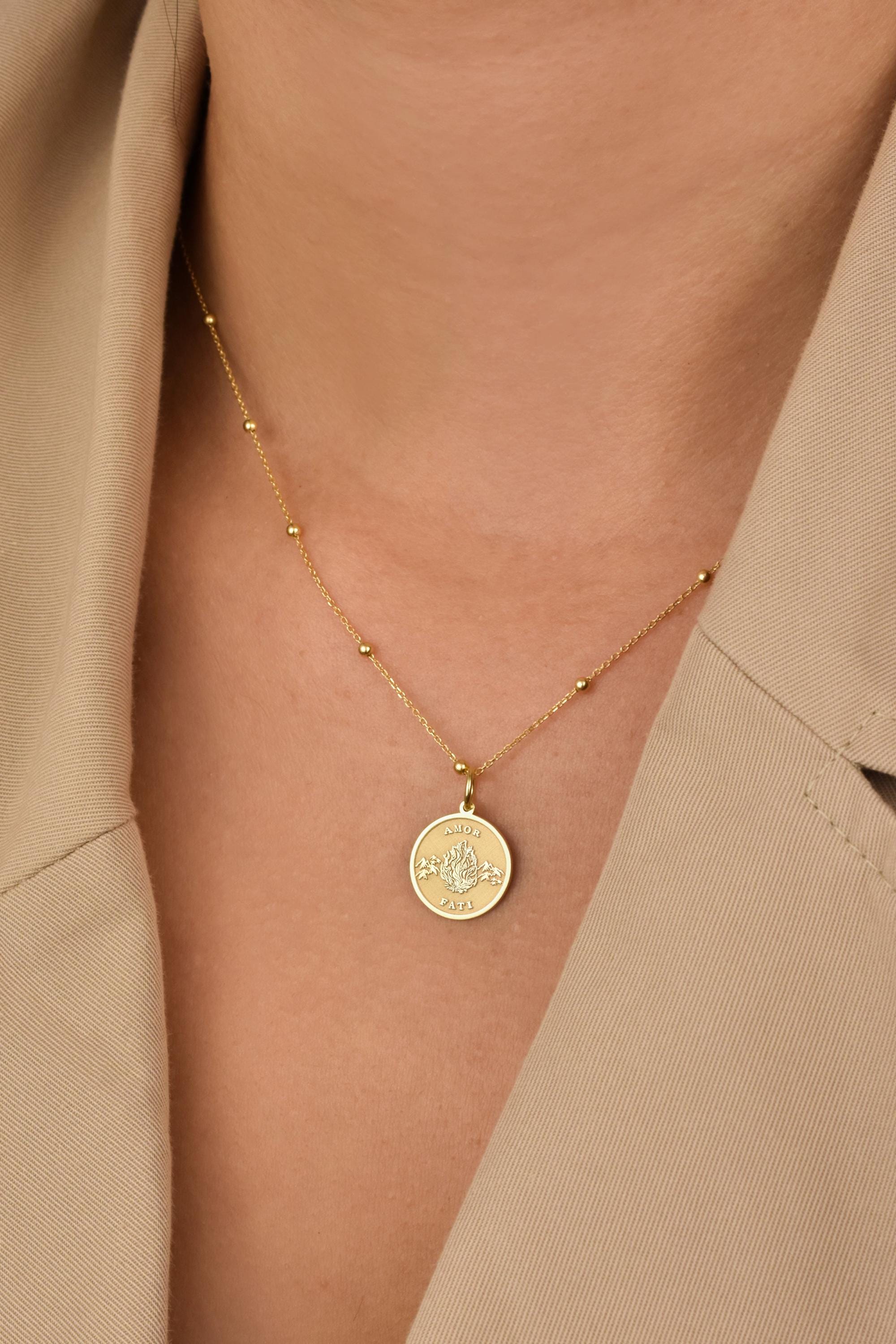 14K Solid Gold Amor Fati Medallion Necklace: Personalized Philosophy ...
