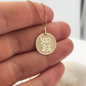14K Real Solid Gold Maneki Neko Pendant, Gold Chinese Lucky Cat Coin ...