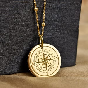 14K Solid Gold Compass Necklace: Engraved Nautical Pendant - Etsy