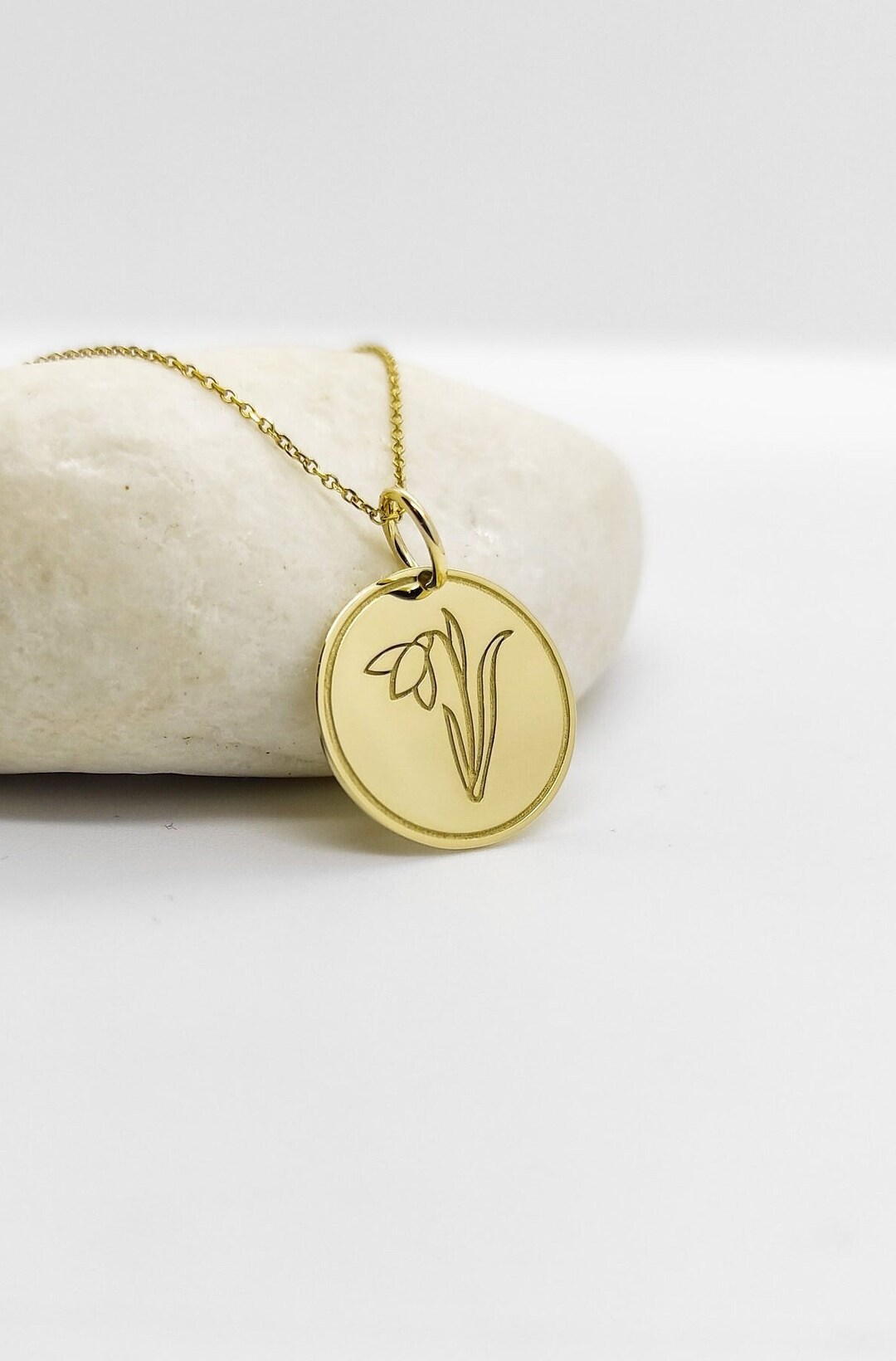 14K Solid Gold Snowdrop Birthflower Necklace, Snowdrop Flower Gold Disc ...