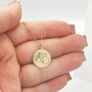 14K Real Solid Gold Boxing Gloves Pendant, Gold Boxing Gloves Coin Necklace, Dainty Fighter Disc ...