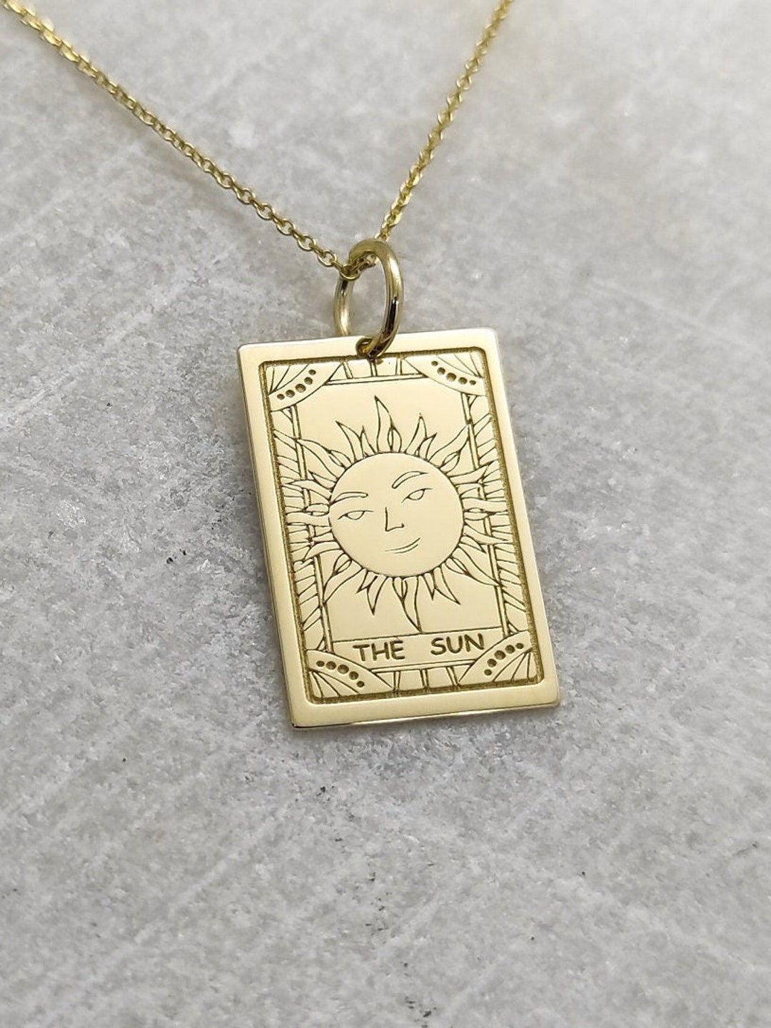 14K Gold the Sun Tarot Card Necklace, Rectangle Sun Tarot Pendant ...