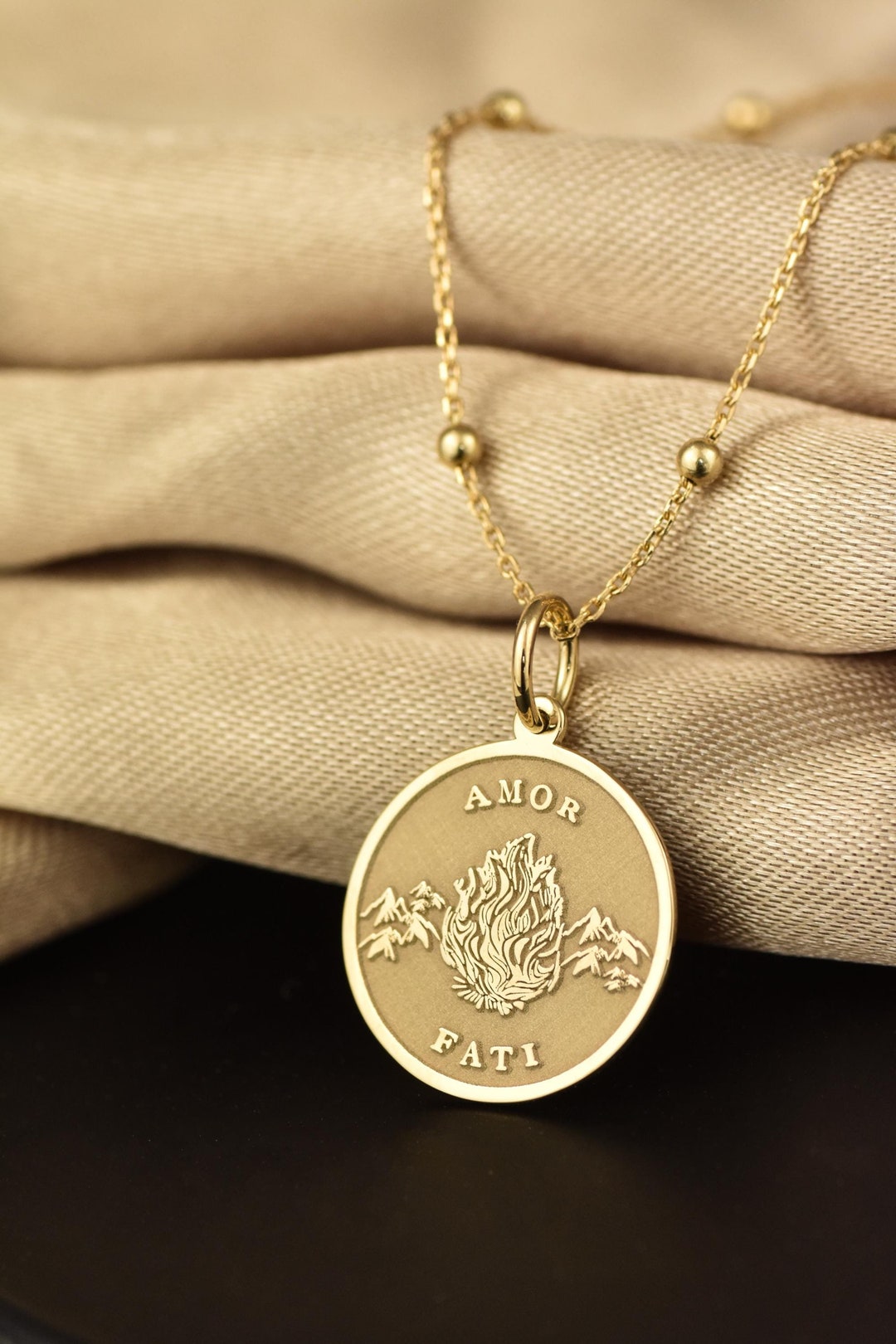14K Solid Gold Amor Fati Medallion Necklace: Personalized Philosophy ...