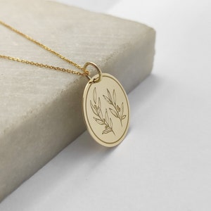 14K Solid Gold Olive Branch Necklace: Engraved Leaf Pendant - Etsy