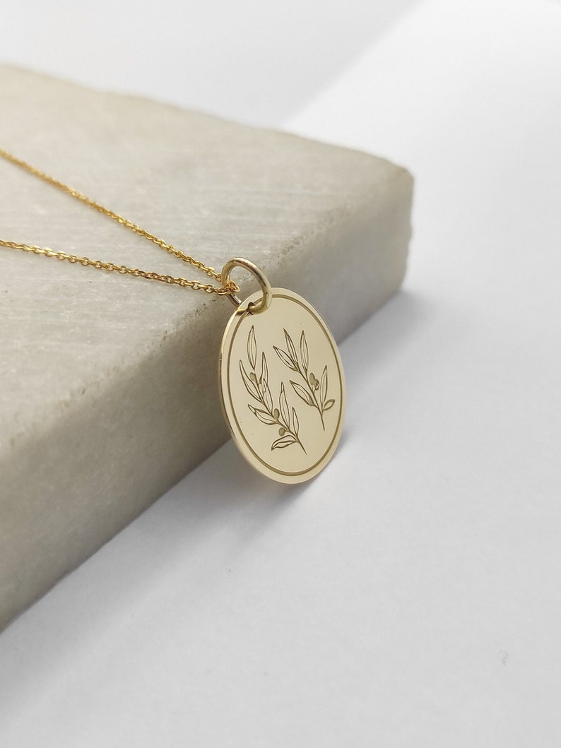 14K Solid Gold Olive Branch Necklace: Engraved Leaf Pendant - Etsy
