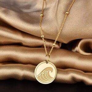 14K Real Solid Wave Coin Necklace, Sea Lover Pendant, Ocean Waves ...