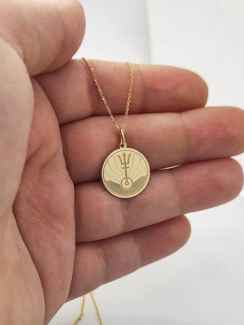 14K Solid Gold Trident Necklace Gold Coin Poseidon Trident - Etsy