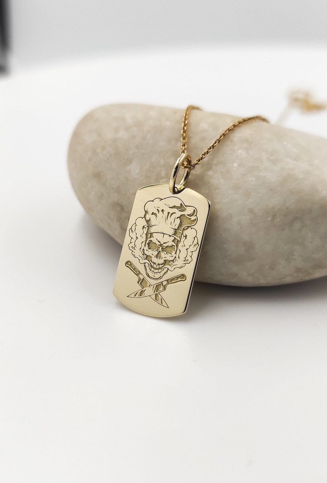 14K Solid Gold Chef Skull Tag Necklace, Gold Chef Knife Pendant ...