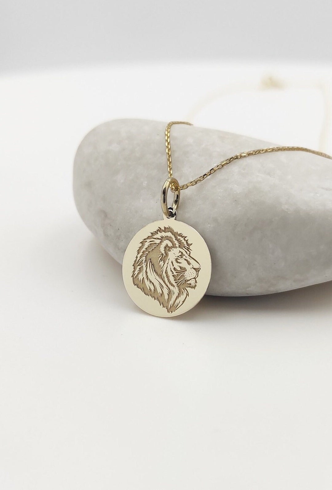 14K Solid Gold Lion Head Necklace, Gold King Lion Coin Jewelry ...