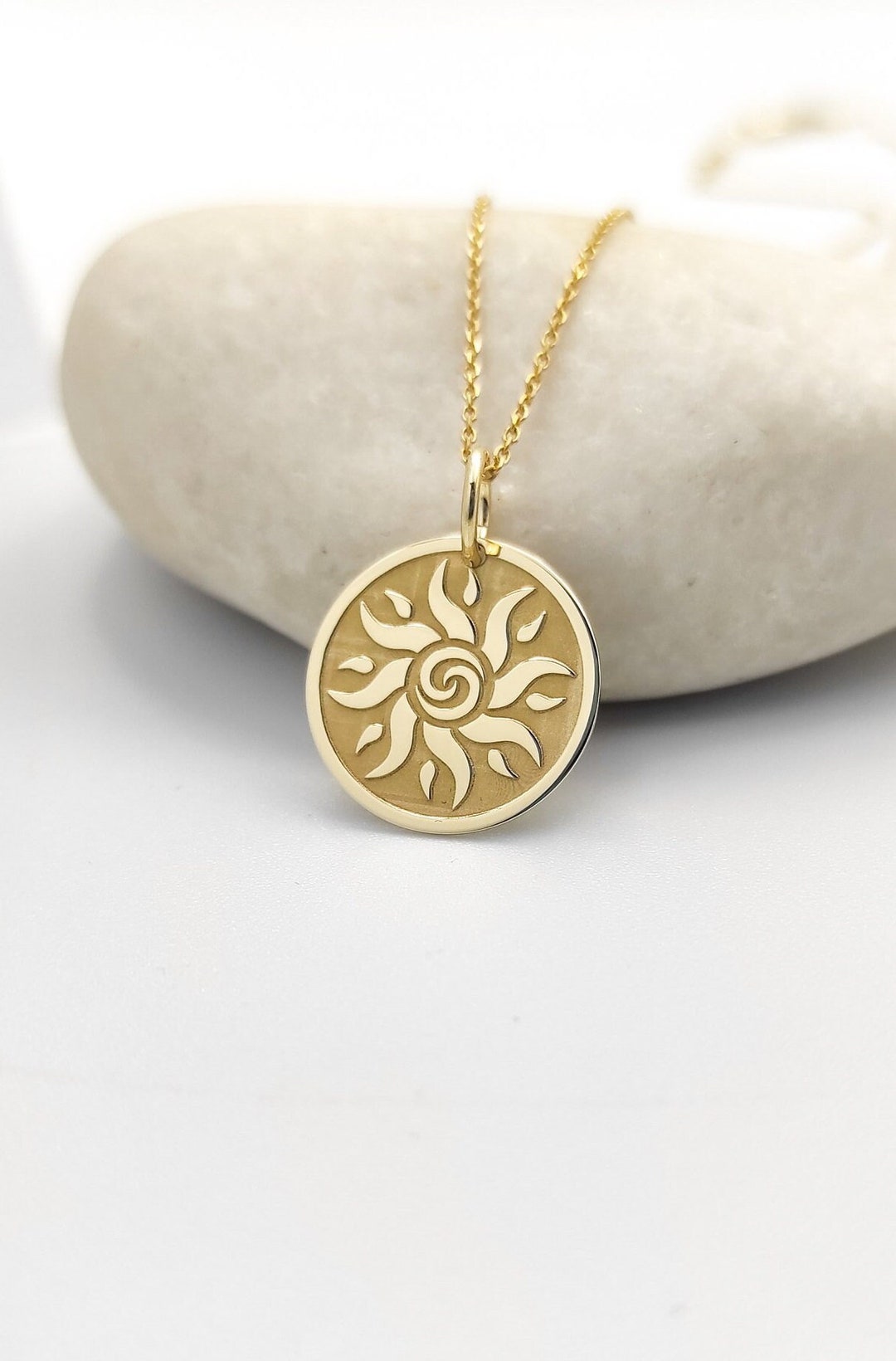14K Real Gold Sun Necklace, Gold Coin Sunshine Pendant, Personalized ...