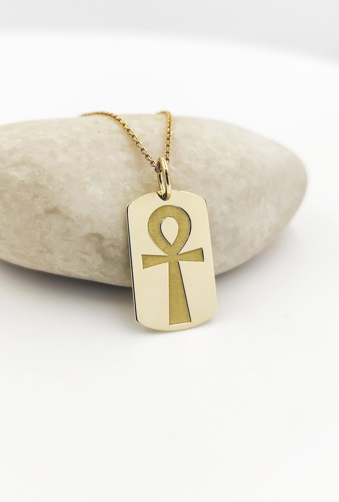 14K Real Gold Ankh Tag Pendant, Egyptian Ankh Cross Necklace ...