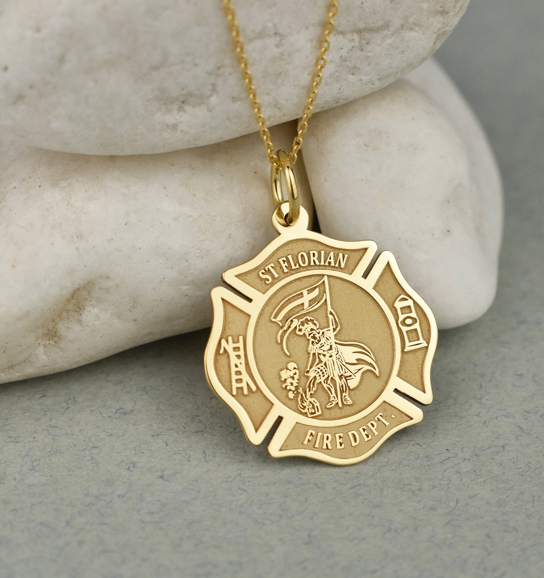 14K Solid Gold Firefighter Pendant: Engraved Saint Florian Charm - Etsy