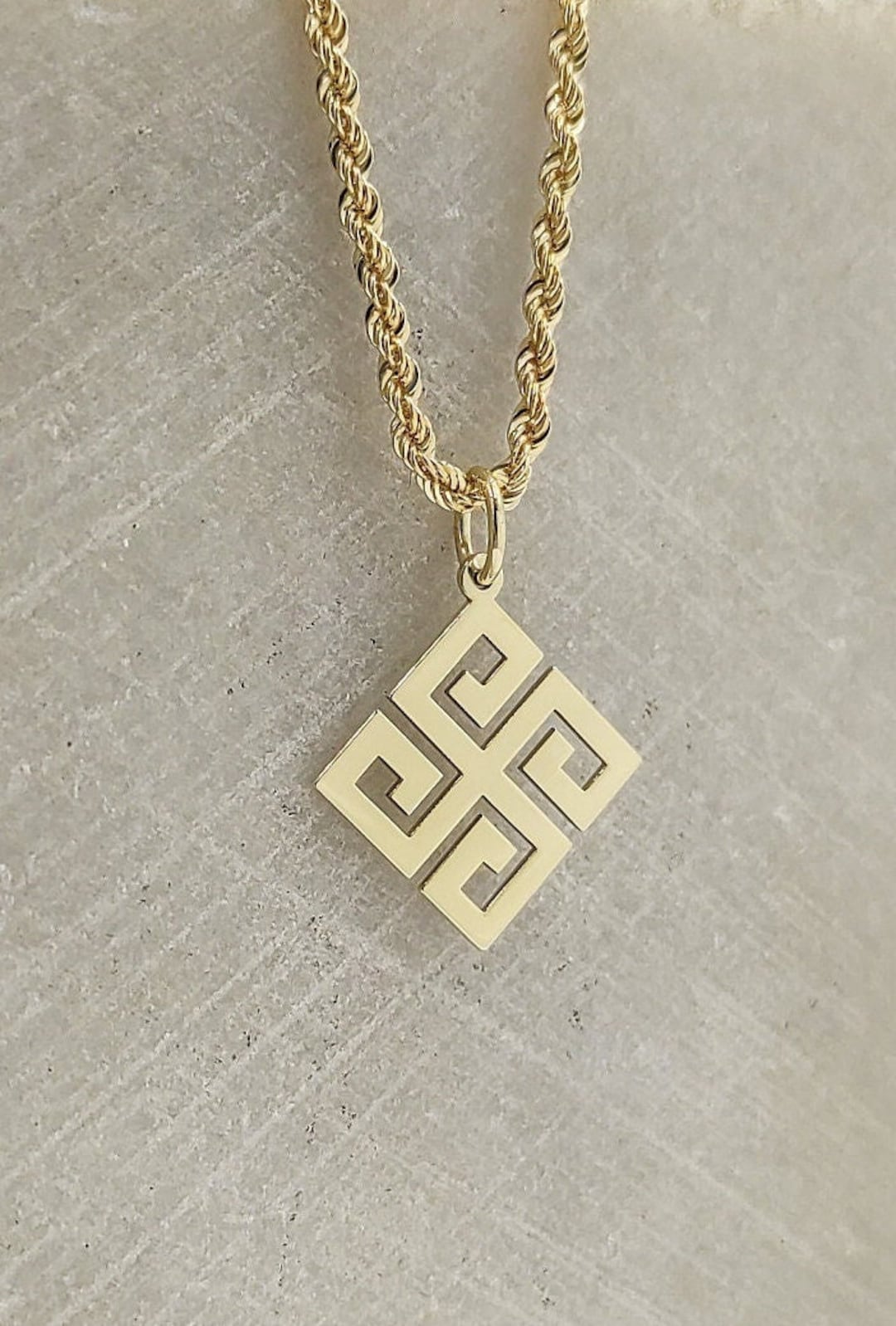 14K Solid Gold Greek Key Necklace, Ancient Greece Pendant, Key Symbol ...