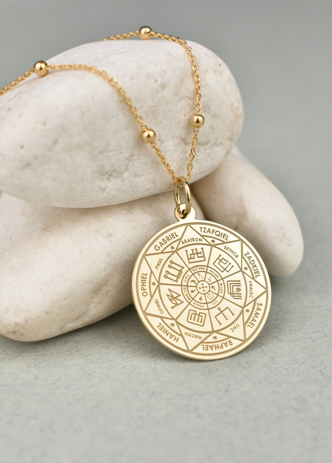 14K Gold Seven Archangels Seal Necklace: Engraved Solomon Disc Pendant ...