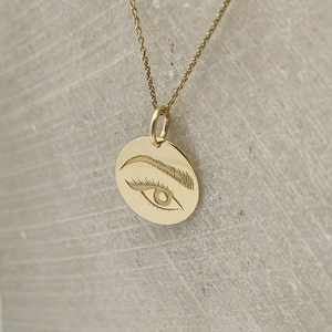 14K Solid Gold Eye Necklace, Gold Coin Woman Eye Pendant, Personalized ...