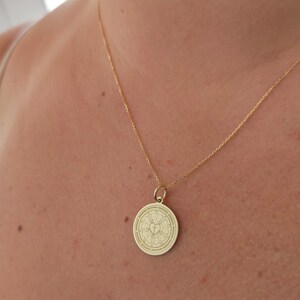 14K Solid Gold Luther Rose Necklace, Dainty Religious Rose Coin Pendant ...