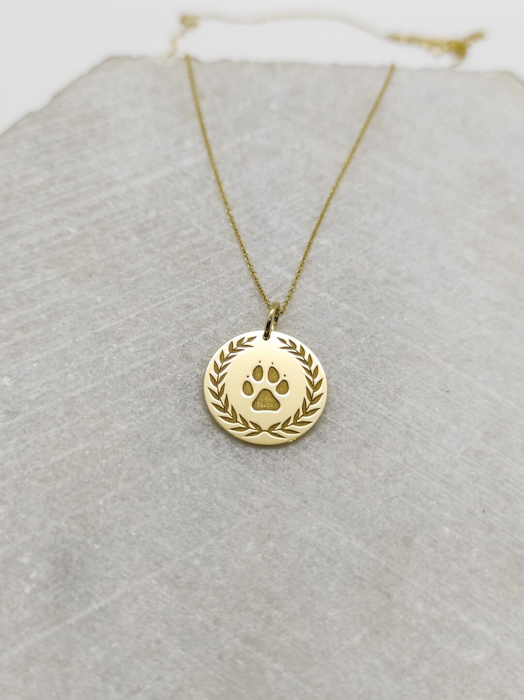 14K Solid Gold Dog Paw Necklace, Gold Disc Dog Paw Pendant ...