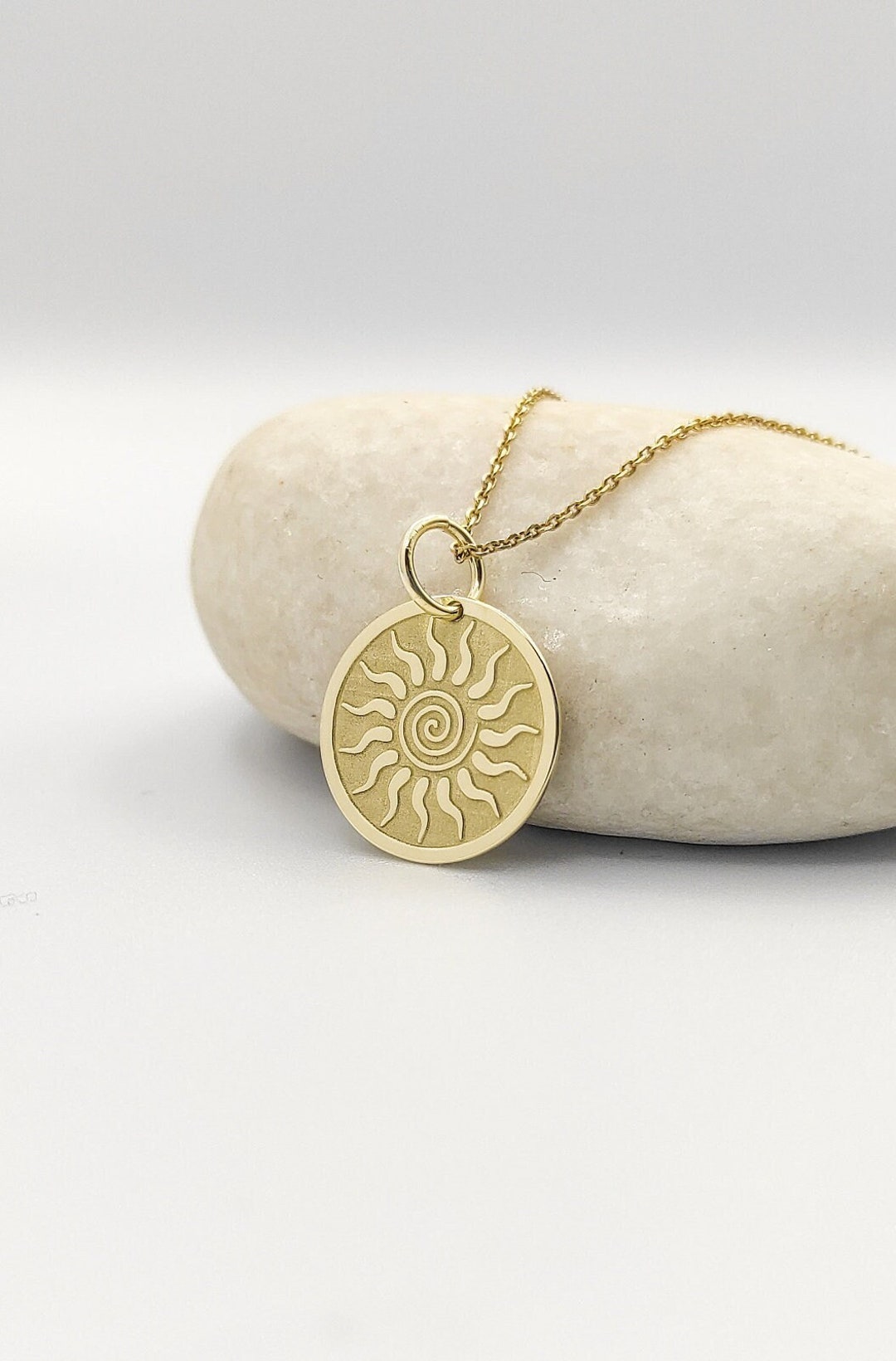 14K Real Spiral Gold Sun Necklace, Gold Sun Coin Pendant, Personalized ...