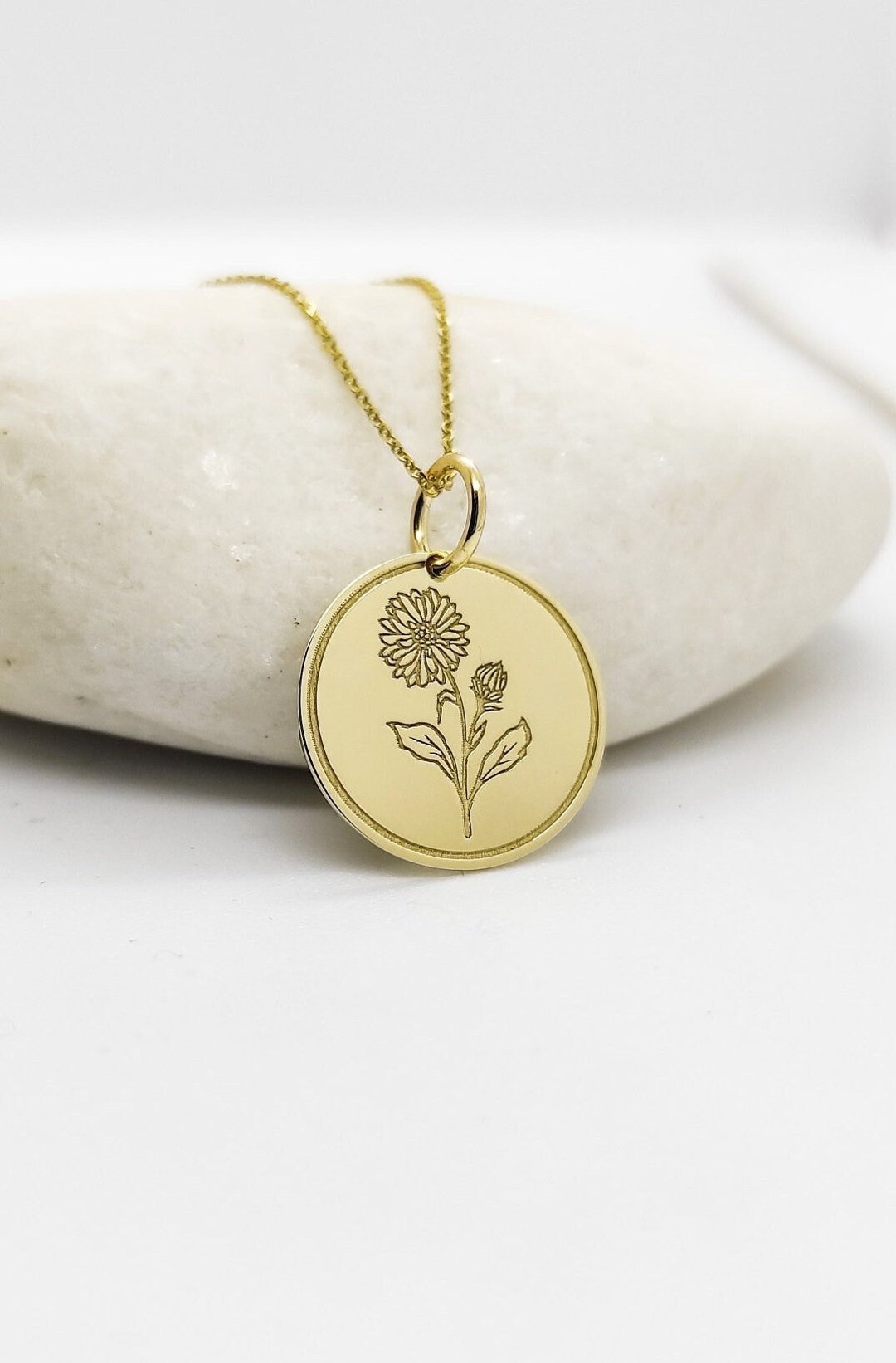 14K Solid Gold Aster Birthflower Necklace, Aster Birthflower Jewelry ...