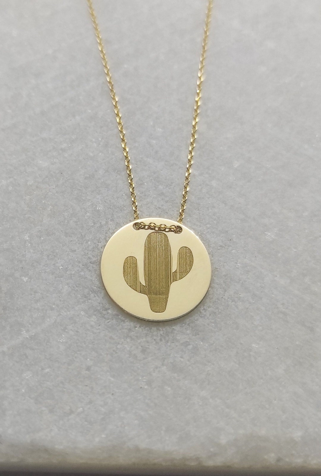 9K Solid Gold Cactus Pendant, Engraved Plant Cactus Necklace, Desert ...