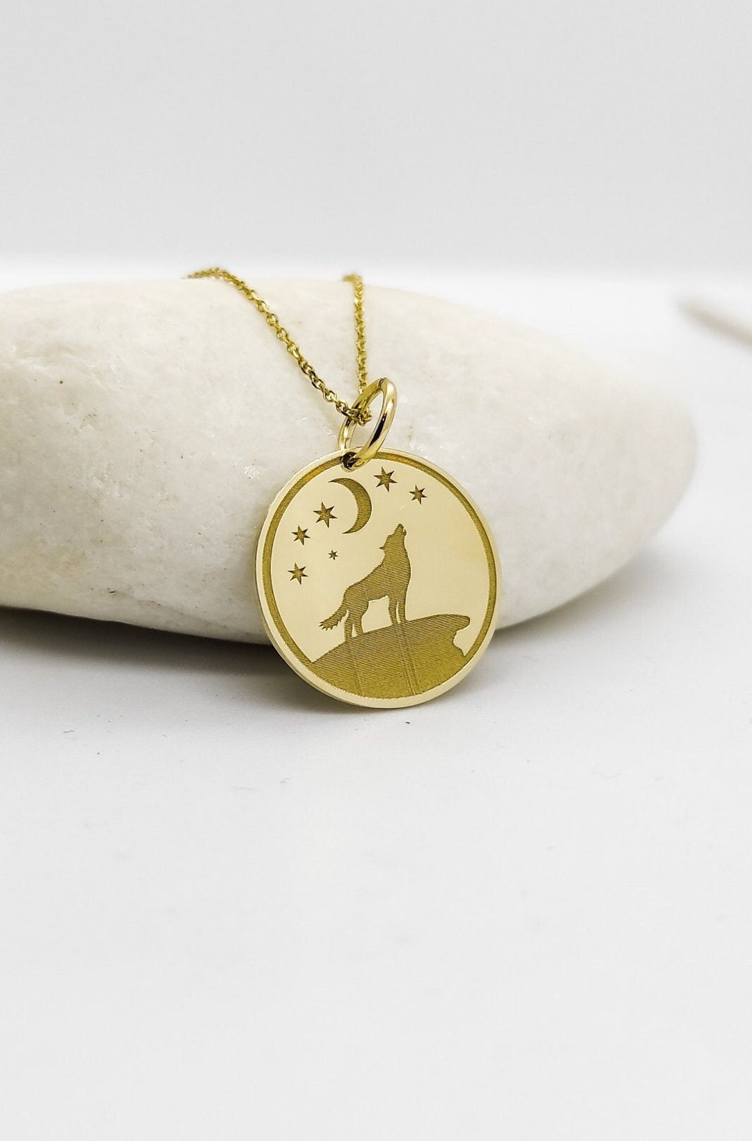 14K Real Gold Wolf Disc Pendant, 14K Solid Gold Wolf Necklace, Howling ...