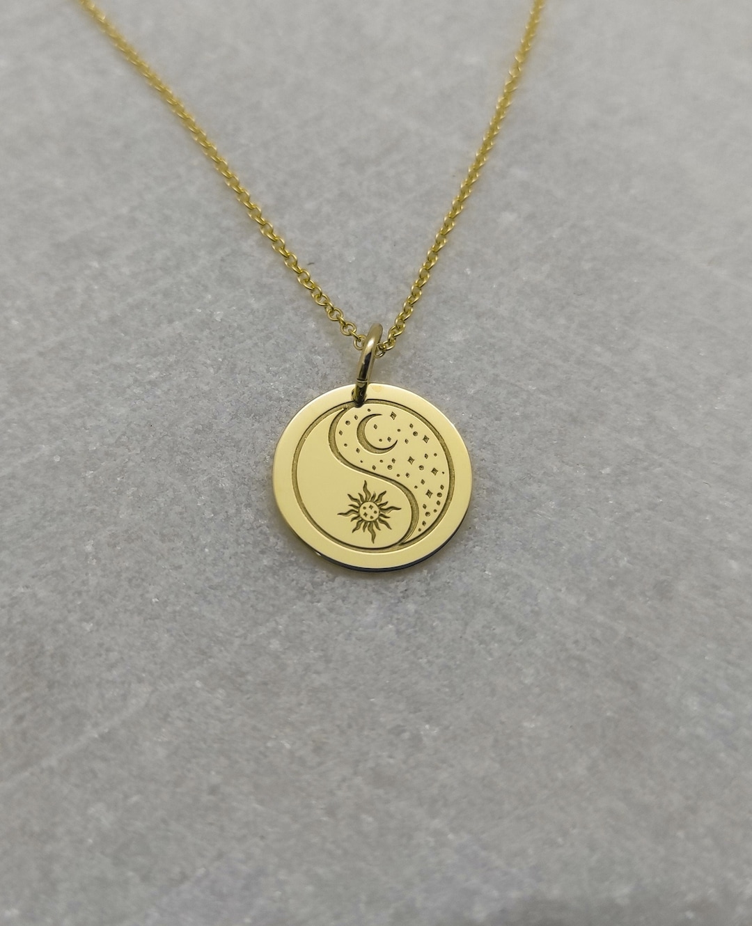 Celestial Sun and Moon Necklace, 14K Gold Pendant, Engraved Sun Charm ...
