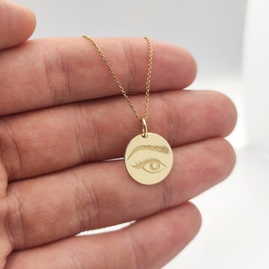 14K Solid Gold Eye Necklace, Gold Coin Woman Eye Pendant, Personalized ...