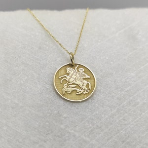 9K Real Solid Gold Saint George Jewelry, Dainty Religious Disc Pendant ...