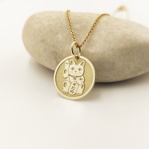 14K Real Solid Gold Maneki Neko Pendant, Gold Chinese Lucky Cat Coin ...