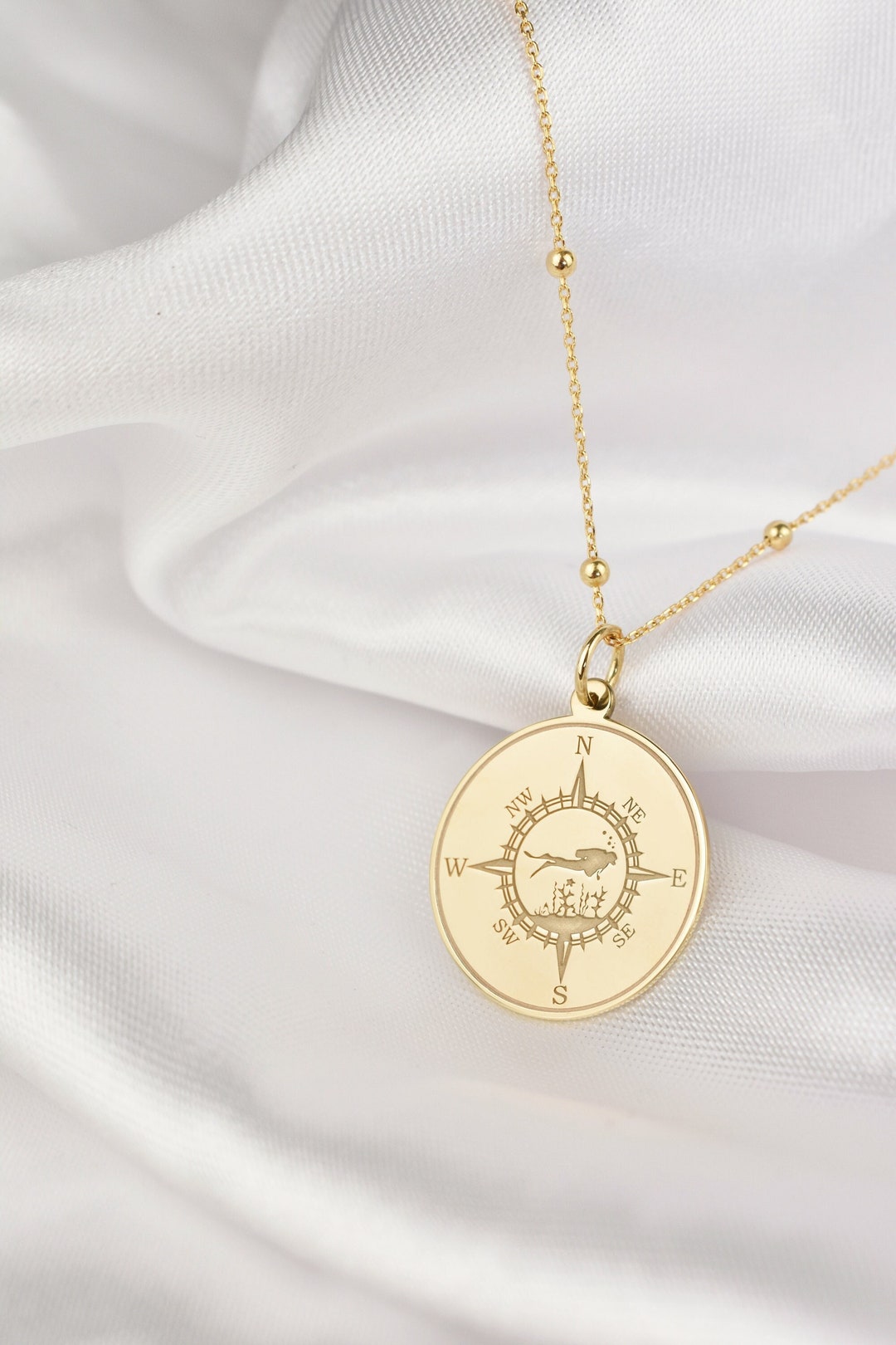 14K Solid Gold Scuba Diving Jewelry, Personalized Compass Coin Pendant ...