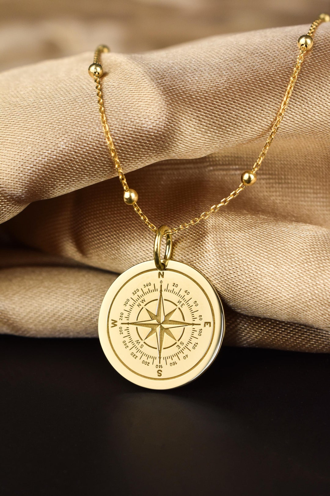14K Solid Gold Compass Necklace: Engraved Nautical Pendant - Etsy