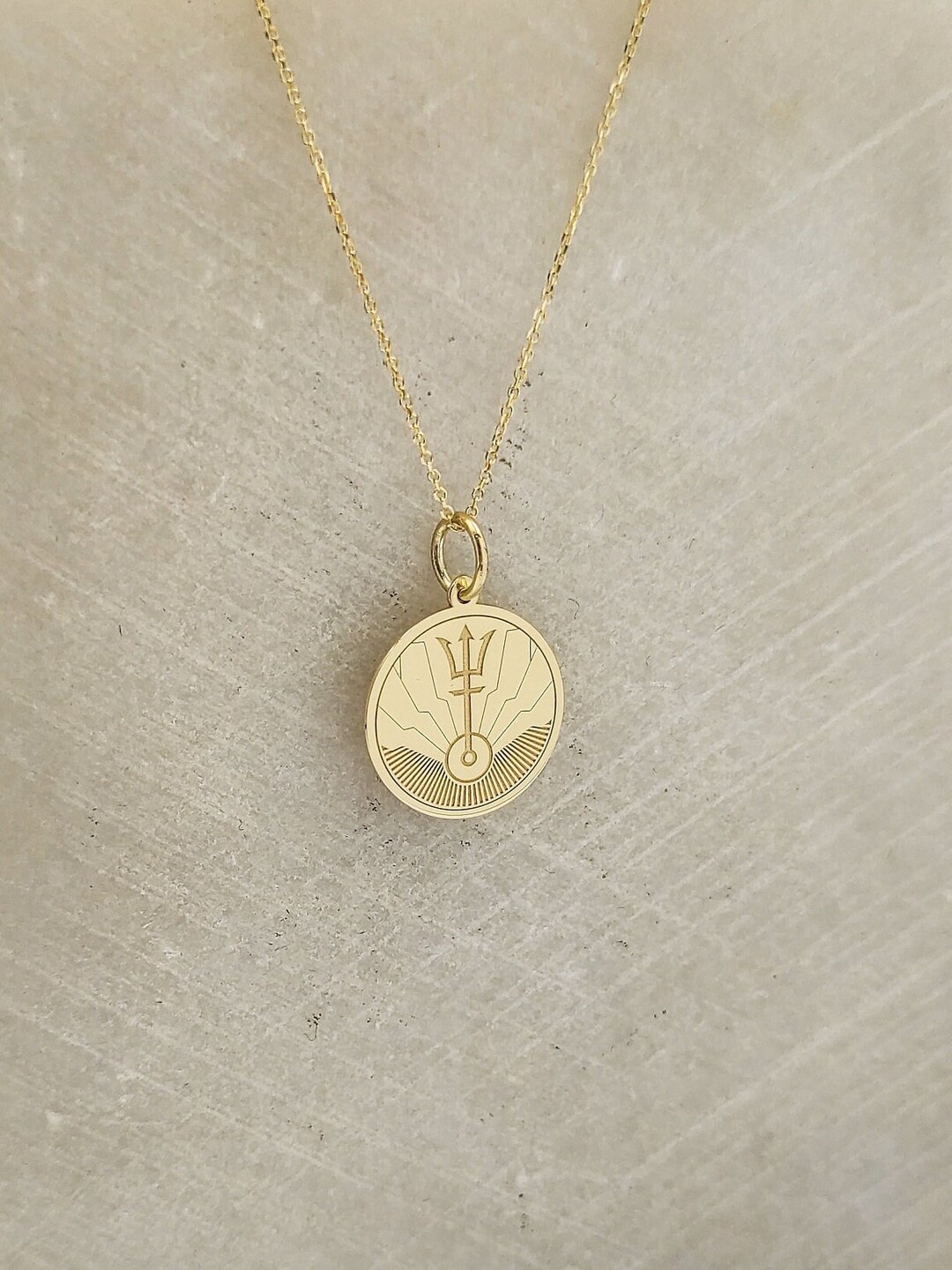 14K Solid Gold Trident Necklace, Gold Coin Poseidon Trident Pendant ...