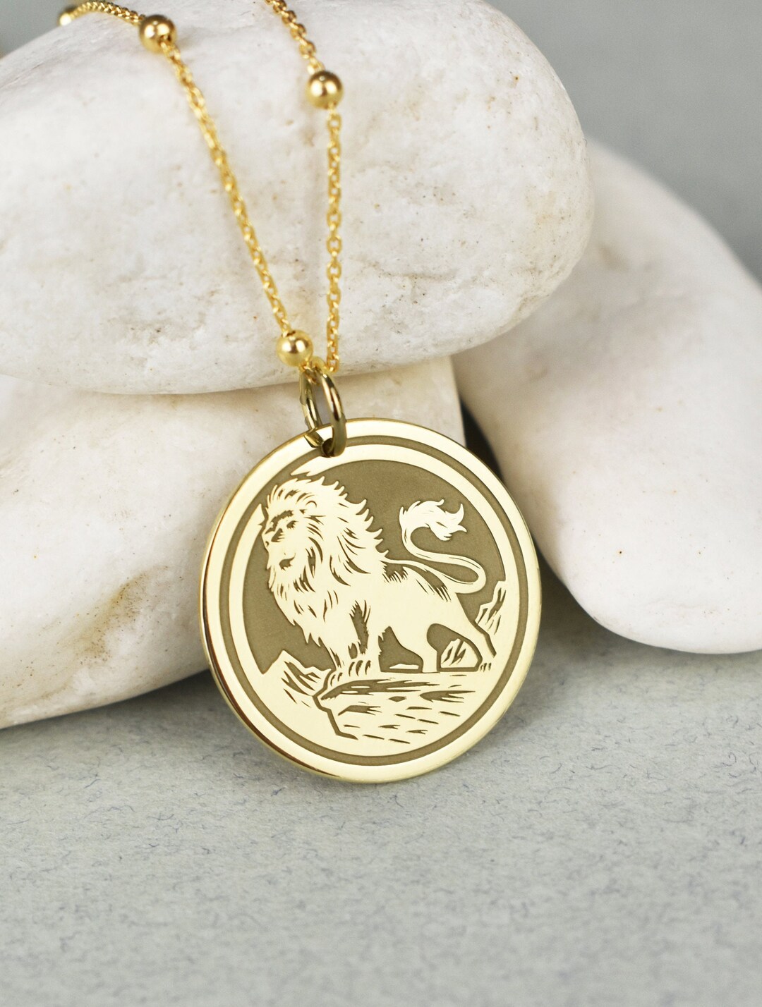 14K Real Solid Gold Lion Necklace, Gold Engraved Wild Animal Disc ...